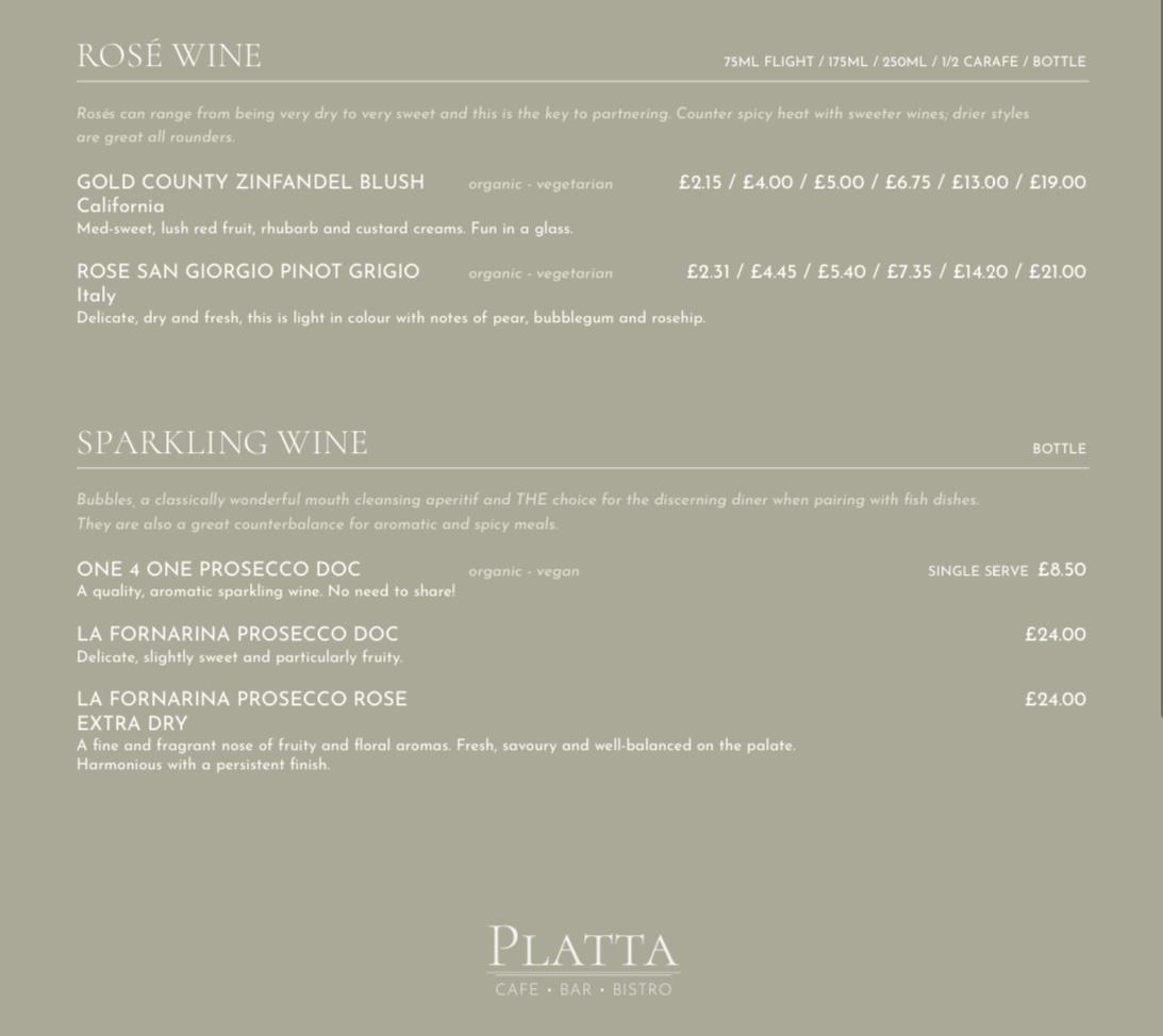 Menu at Platta Cafe Bar Bistro, Stanley Common