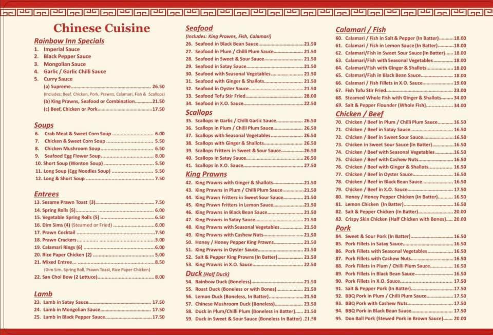 Menu at Rainbow Inn Chinese & Thai Restaurant, Robinvale