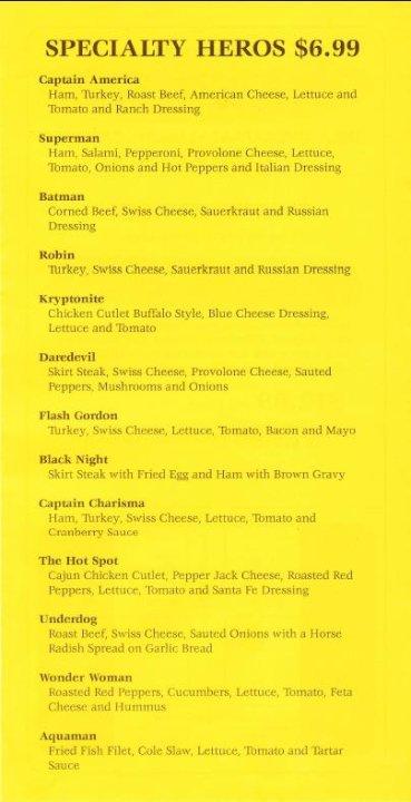 Menu at Superhero Deli, Bellmore