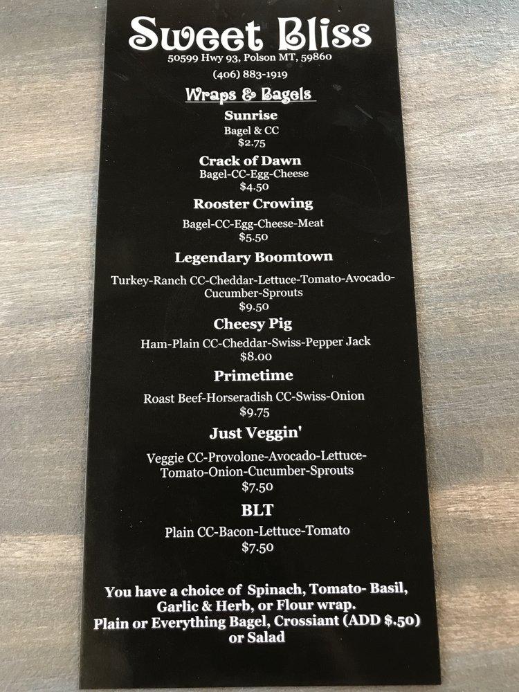 Menu at Sweet Bliss cafe, Polson, US-93