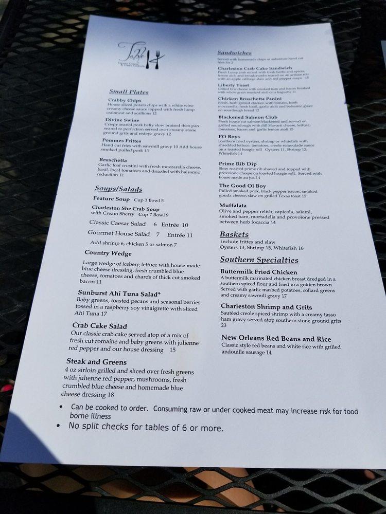 Menu at Table 14 restaurant, Ludington