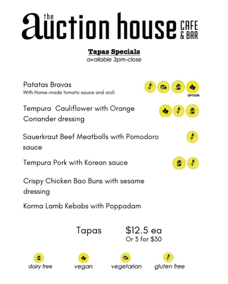 Menu at The Auction House cafe, Invercargill