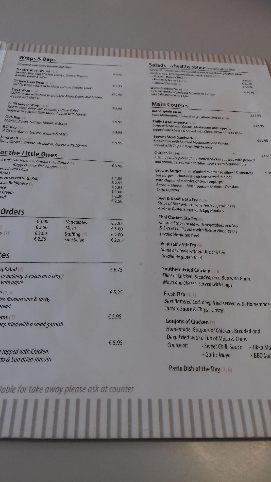 Menu at Thomas Browns Restaurant, Kanturk