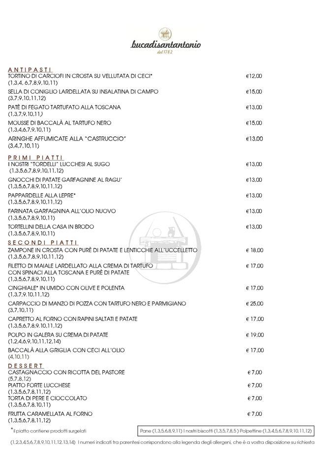 Menu at Buca di Sant'Antonio restaurant, Lucca