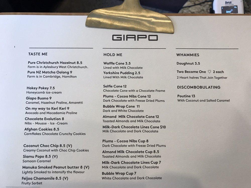 Menu at Giapo desserts, Auckland