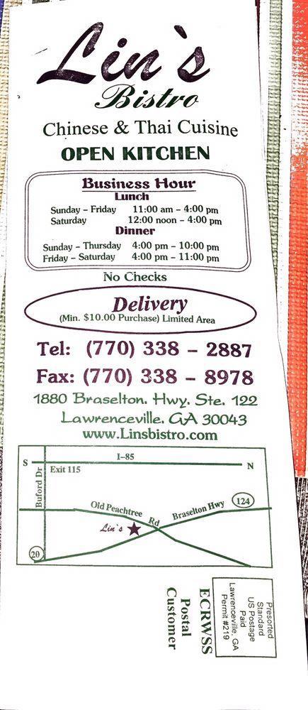 Menu at Lin's Bistro restaurant, Dacula