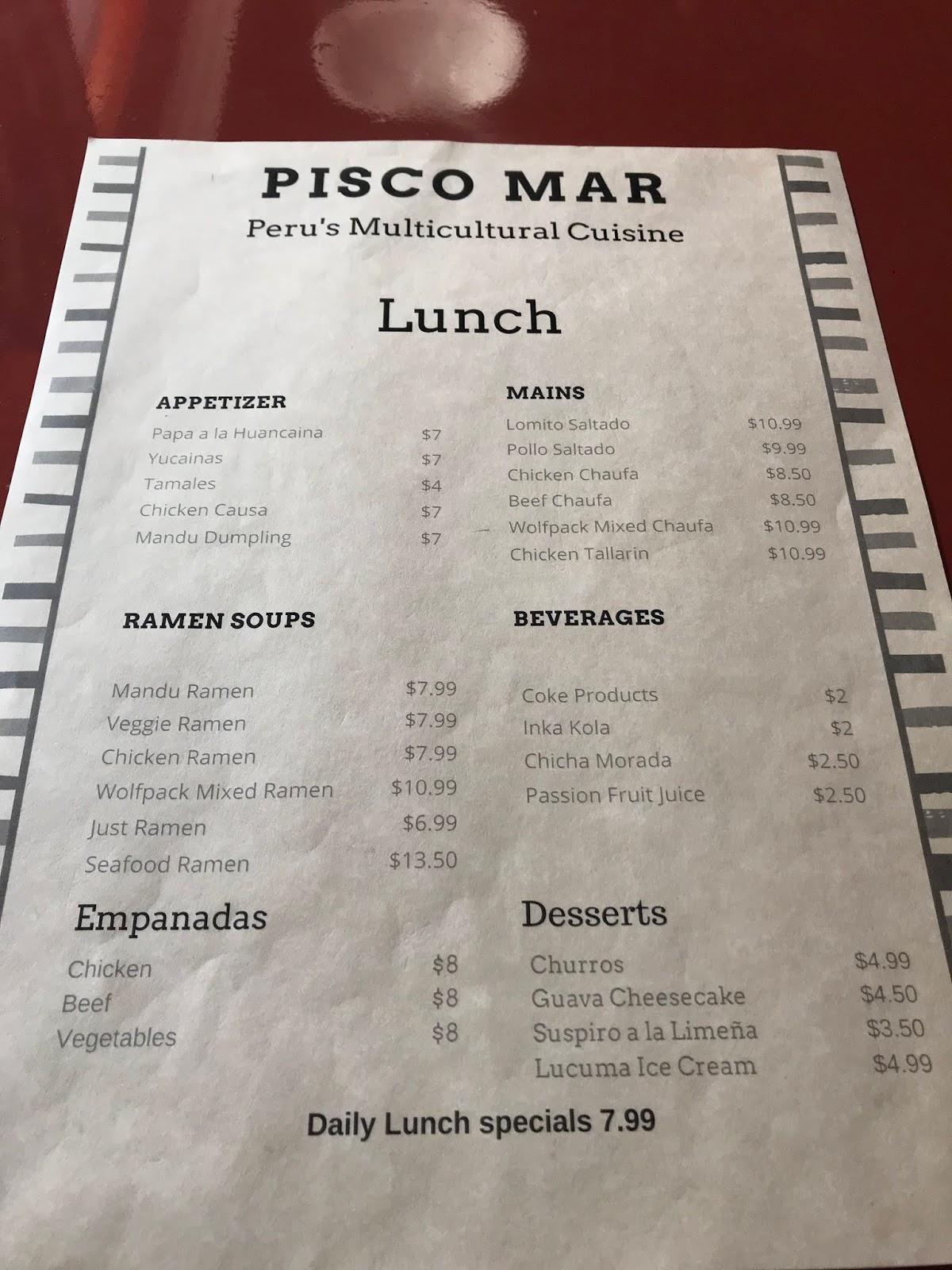 Menu at Pisco Mar restaurant, Raleigh