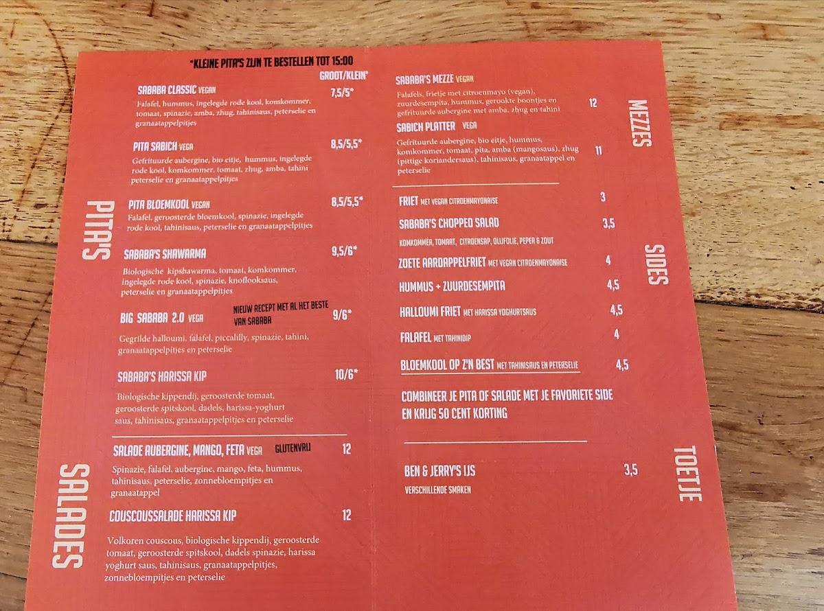 Menu at Sababa Amsterdam De Pijp, Amsterdam, Albert Cuypstraat 20H