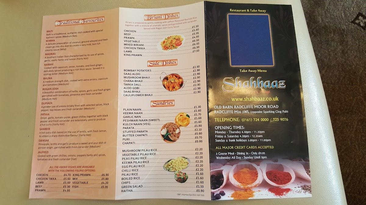 Menu at Shahbaaz Curry Cottage restaurant, Manchester