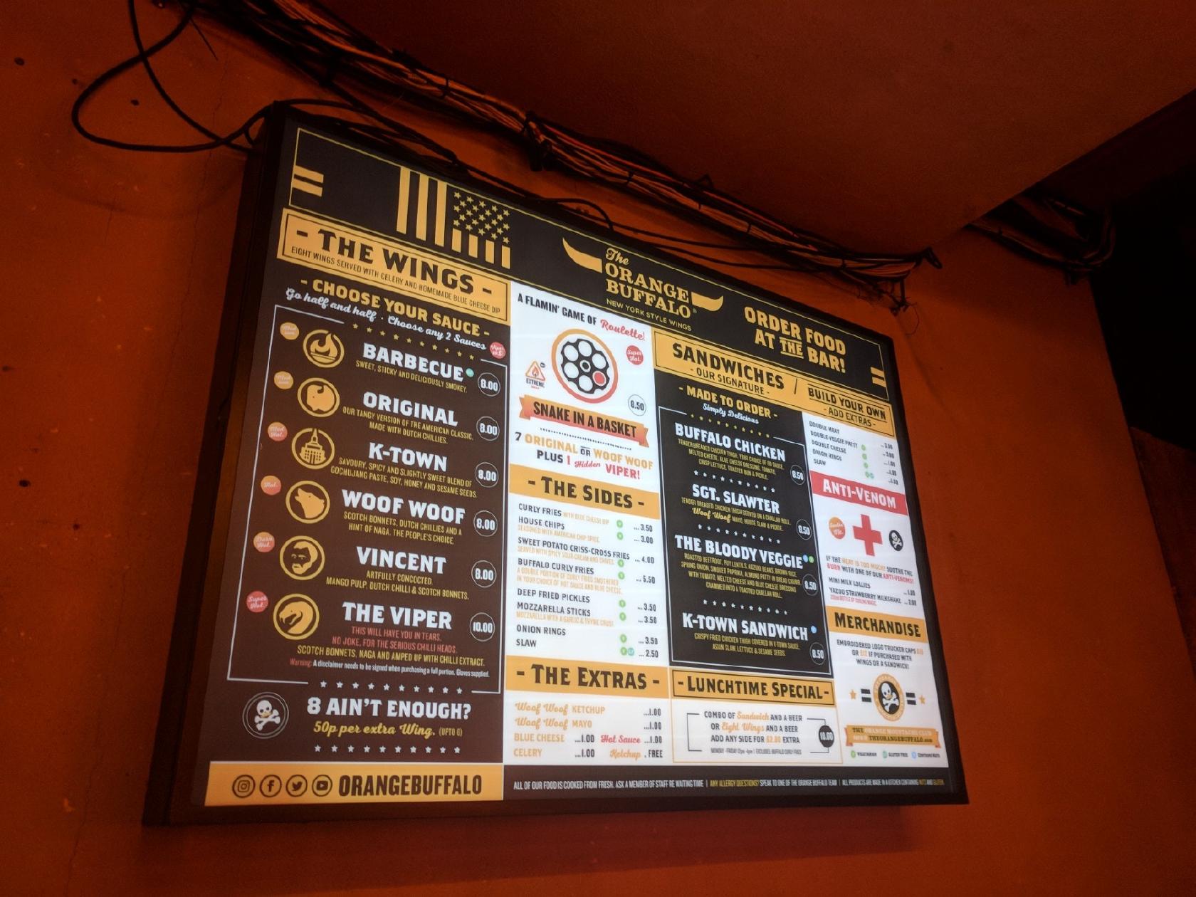 Menu at The Orange Buffalo restaurant, London, Colours of Hoxton