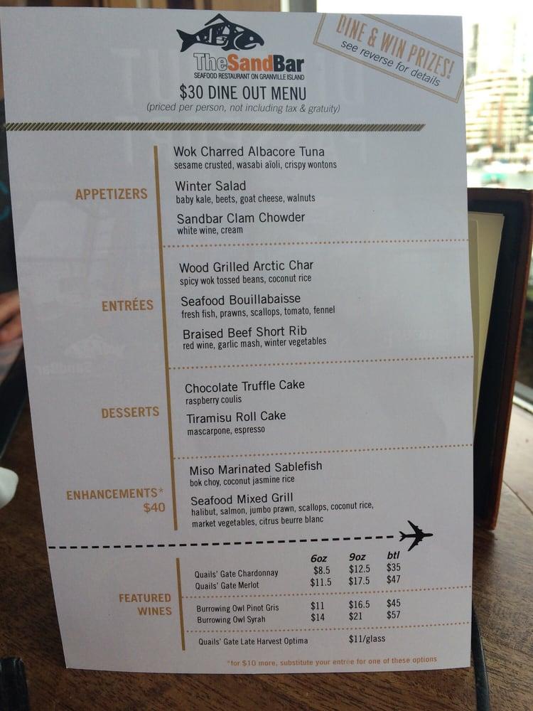 Menu at The Sandbar Seafood Restaurant, Vancouver