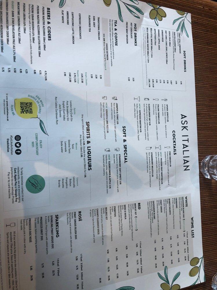 Menu at ASK Italian pizzeria, Ashby-de-la-Zouch