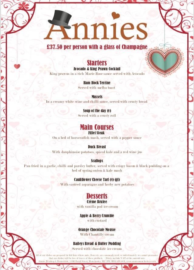 Menu at Annies restaurant, Manchester, 5 Old Bank St