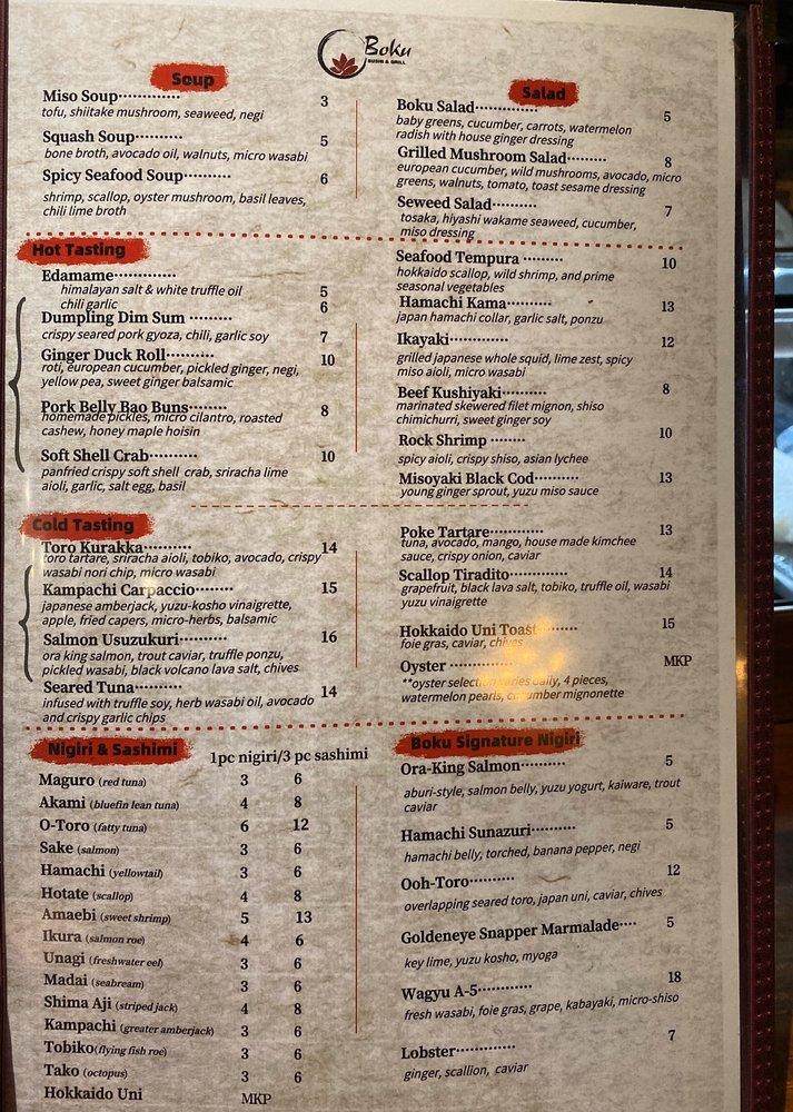 Carta del restaurante Boku Sushi & Grill, Maitland