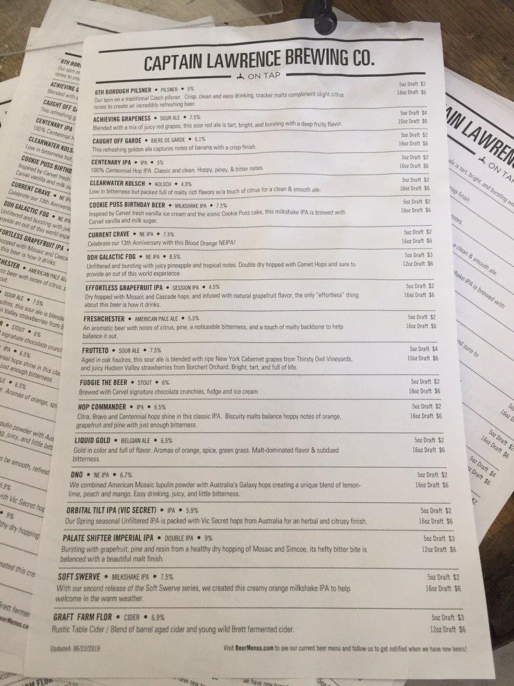 Menu at Captain Lawrence Brewing Company pub & bar, Elmsford