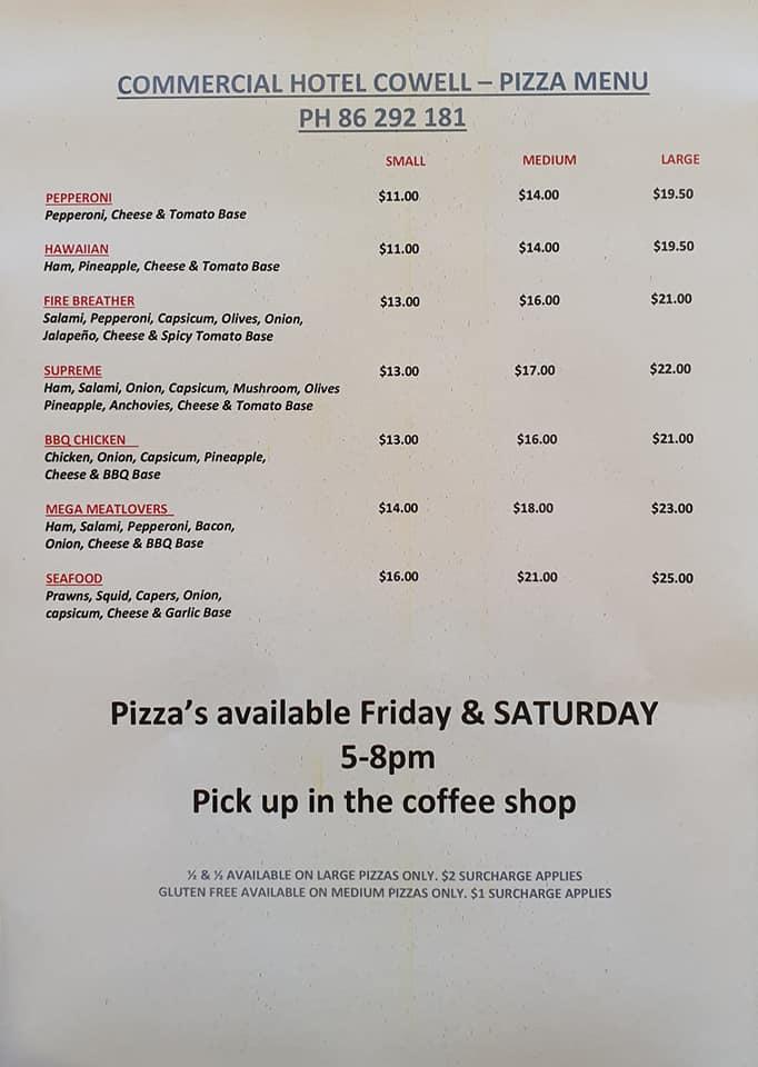 Menu at Commercial Hotel restaurant, Cowell