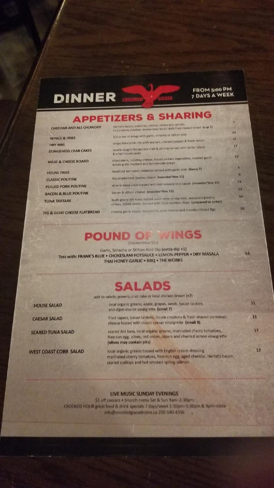 Menu at Crooked Goose Bistro restaurant, Victoria