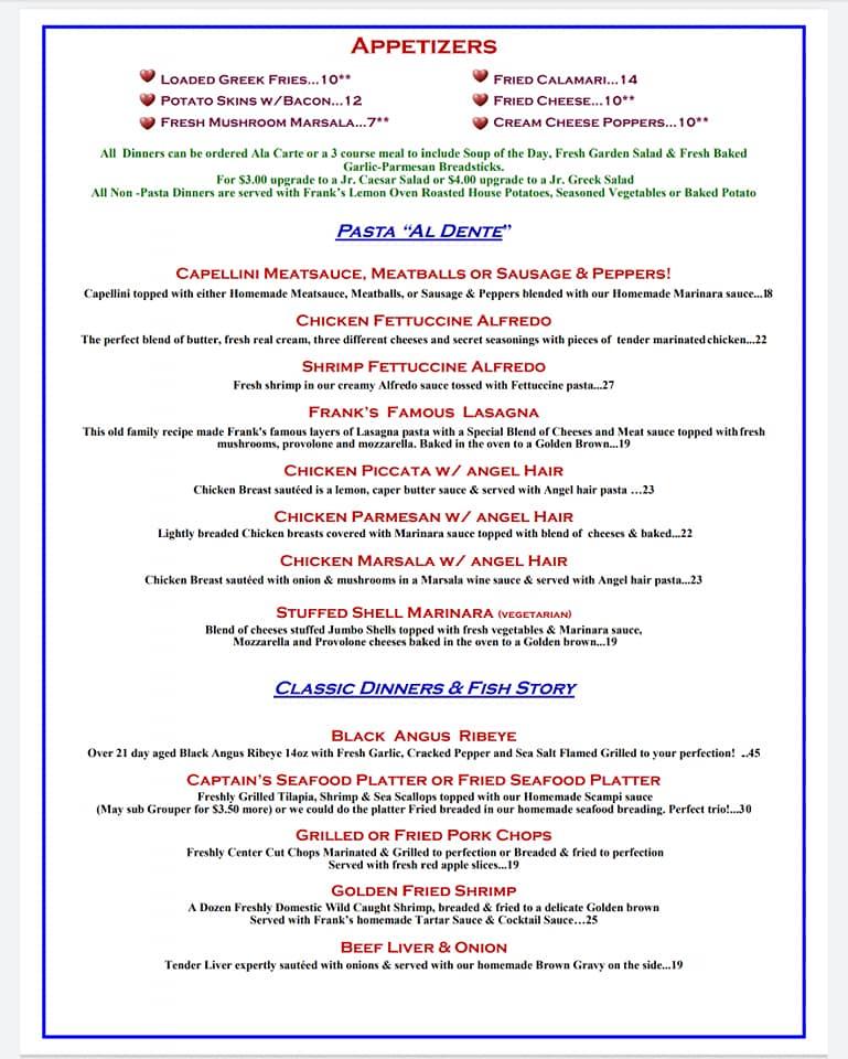 Menu at Frank's Family Restaurant, Palmetto