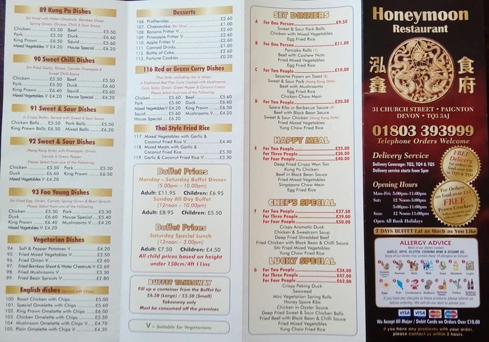 Menu at Honeymoon restaurant, Paignton