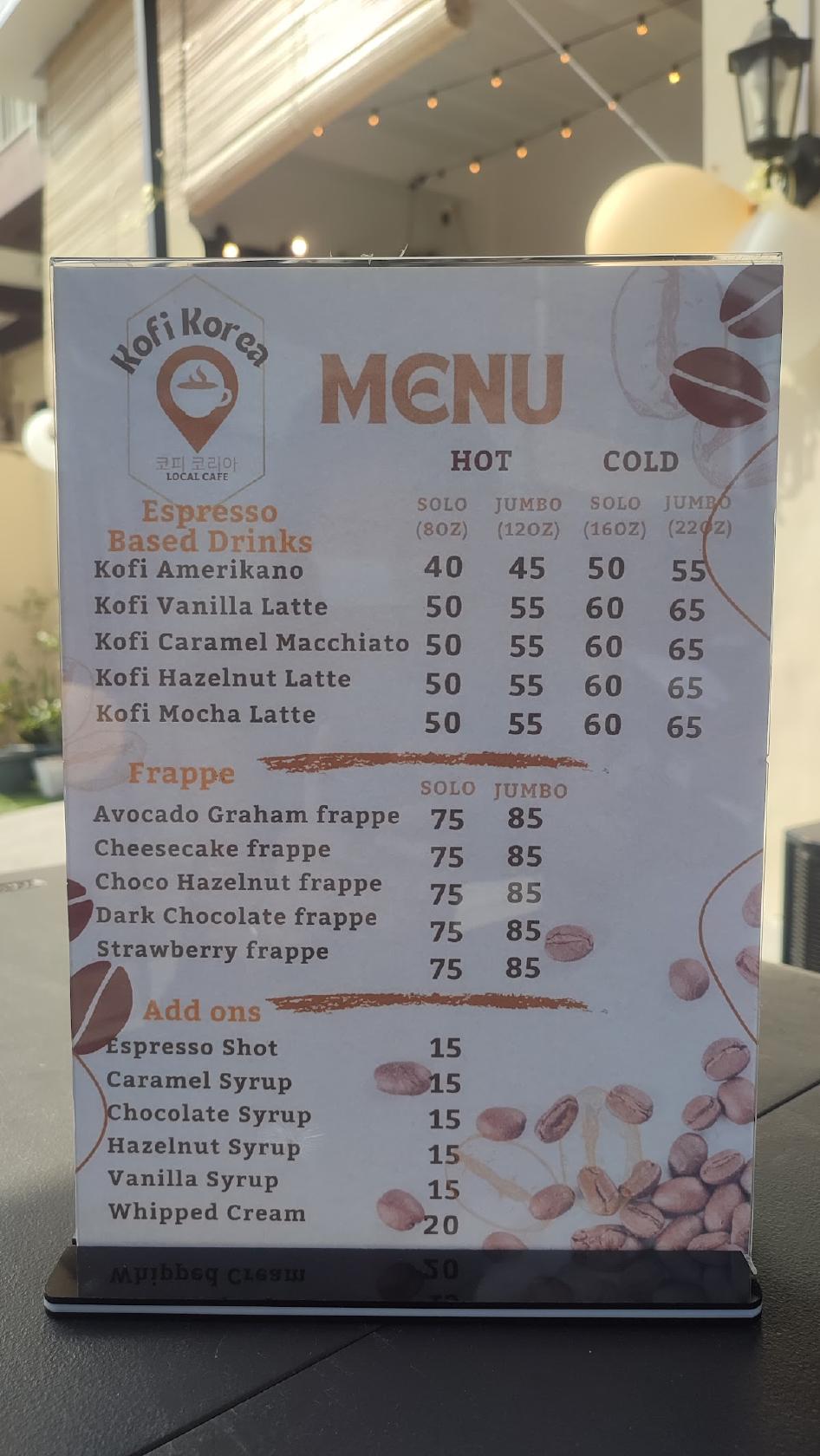 Menu at Kofi Korea cafe, General Trias