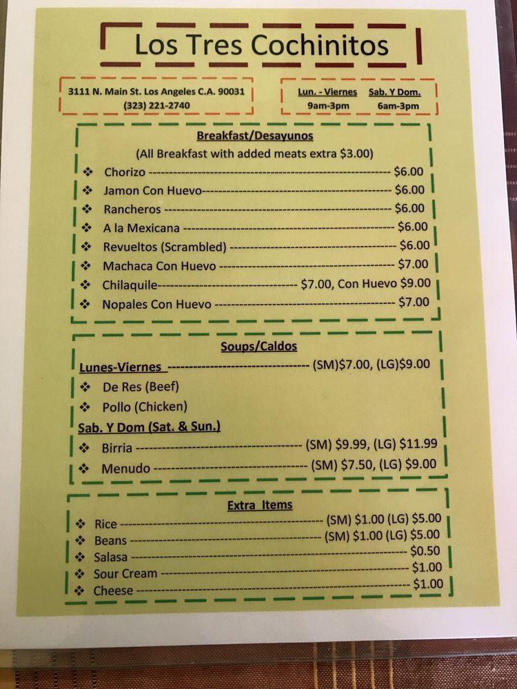 Carta de Los Tres Cochinitos Restaurant, Los Angeles, N Main St