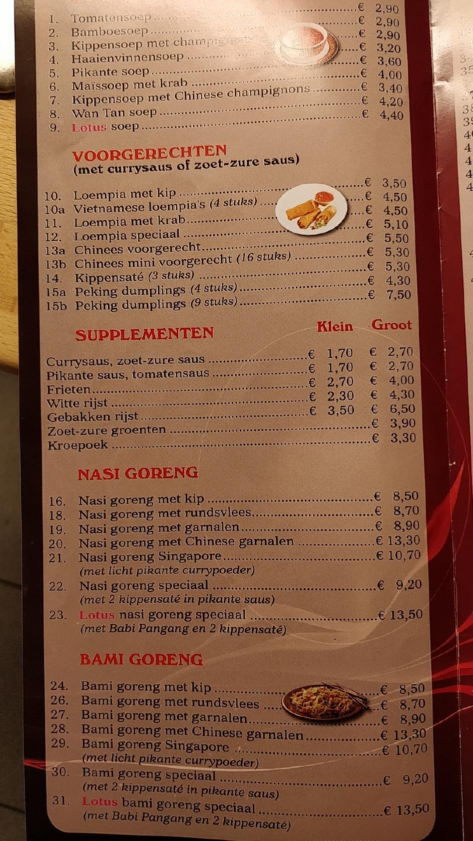 Menu at Lotus, Lint, Duffelsesteenweg 34