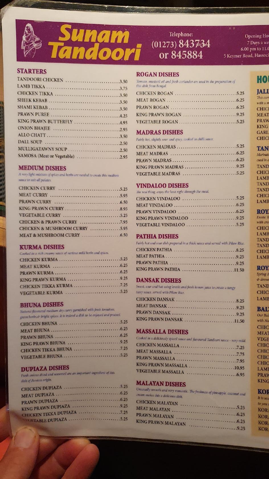 Menu at Sunam Tandoori restaurant, Hassocks