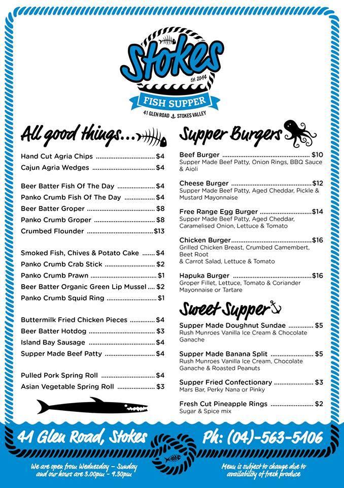 Menu at Stokes fish supper restaurant, Lower Hutt