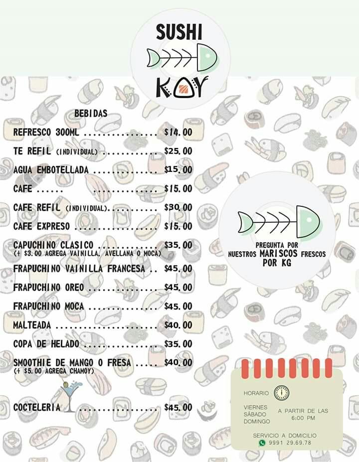 Menu at Sushi Kay restaurant, Telchac Puerto