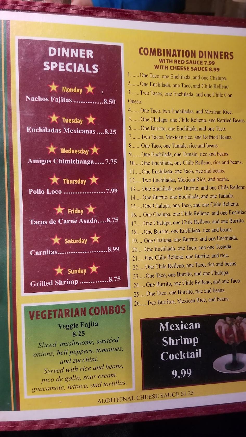Menu at Tacos Amigos restaurant, Mattoon