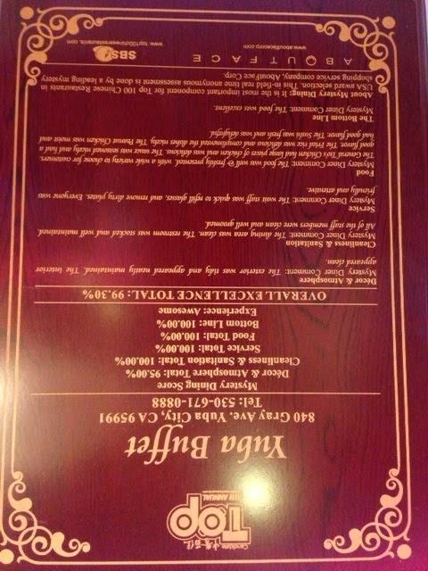Menu at Tasty Buffet restaurant, Yuba City