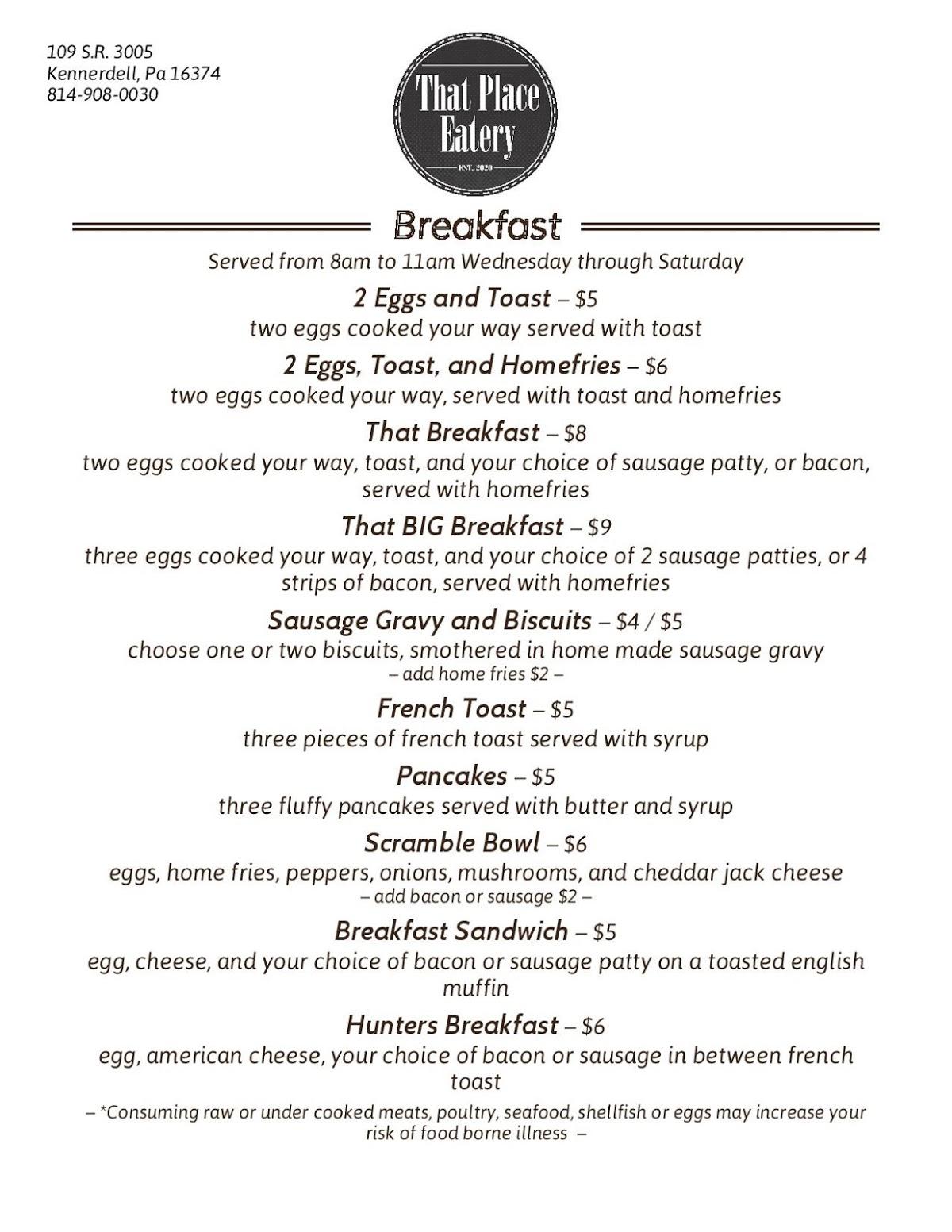 Menu at That Place Eatery restaurant, Clintonville
