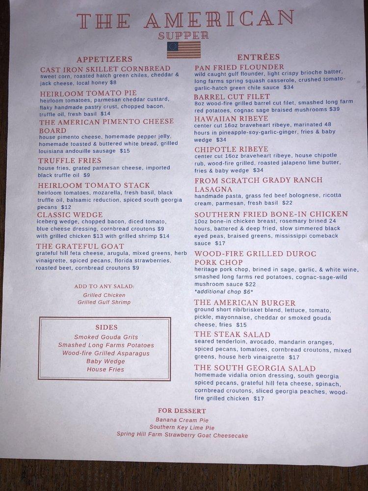 Menu at The American restaurant, Bainbridge