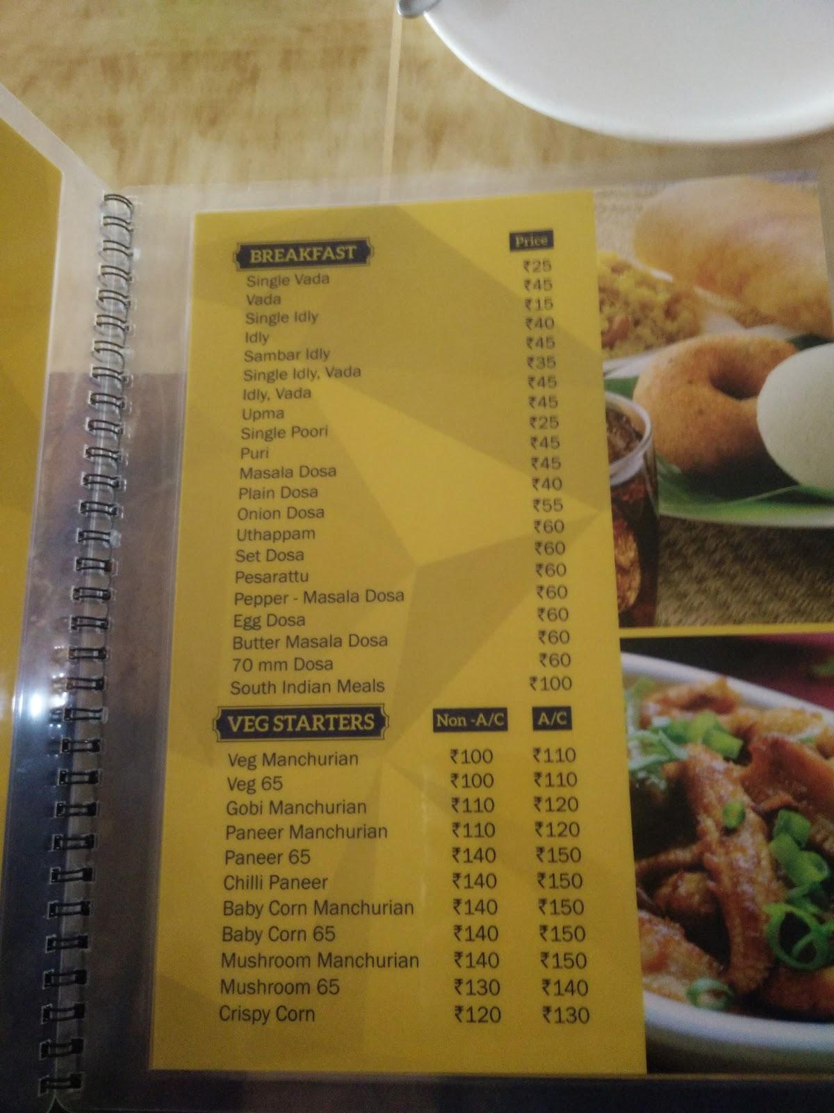 Menu at The Malgudi A/C, India