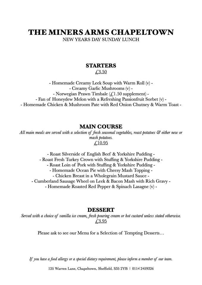 Menu at The Miners Arms Chapeltown restaurant, Sheffield, 125 Warren Ln
