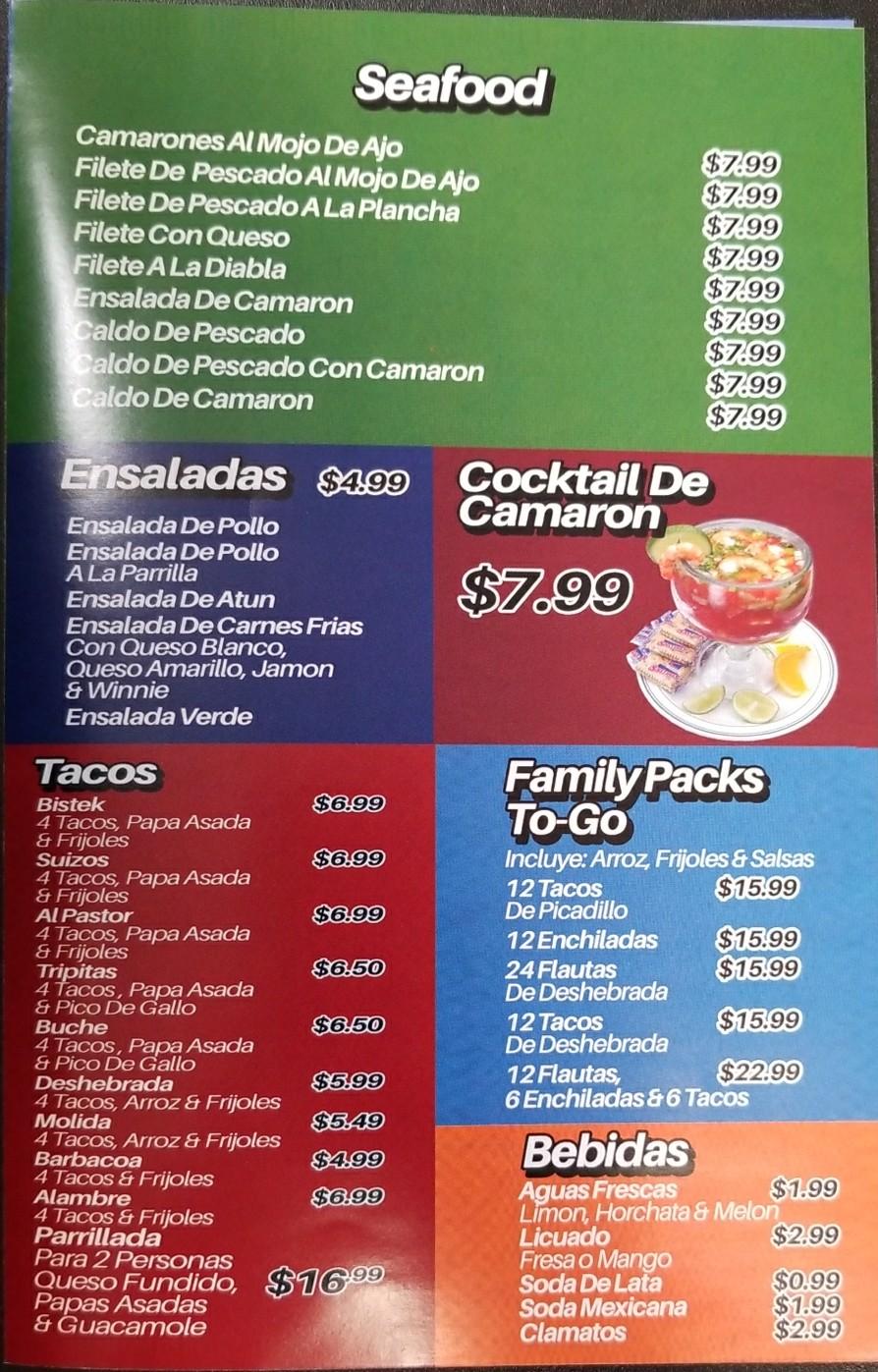 Menu at Burritos Lore's restaurant, El Paso
