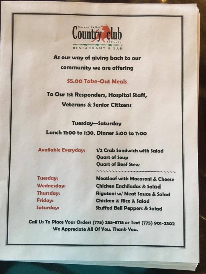Menu at Carson Valley Country Club, Gardnerville