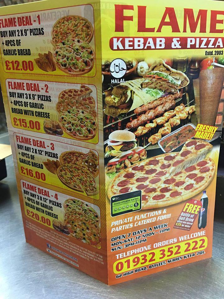 Carta de comida rápida FLAME KEBAB AND PIZZA, West Byfleet