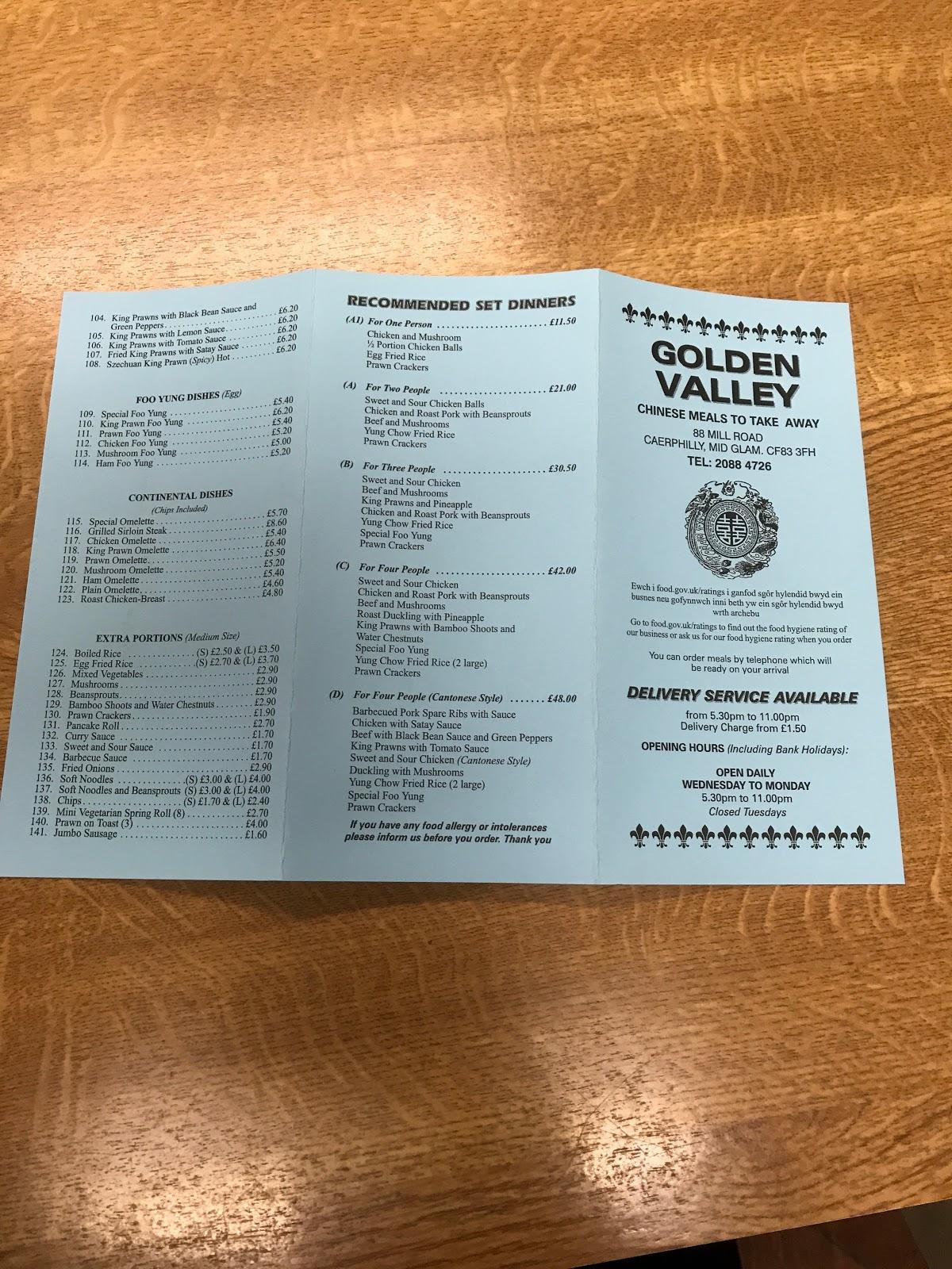 Menu at Golden Valley Chinese fast food, Caerphilly
