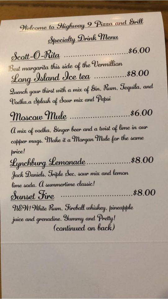 Menu at Highway 9 Pizza and Grill pizzeria, Frankfort