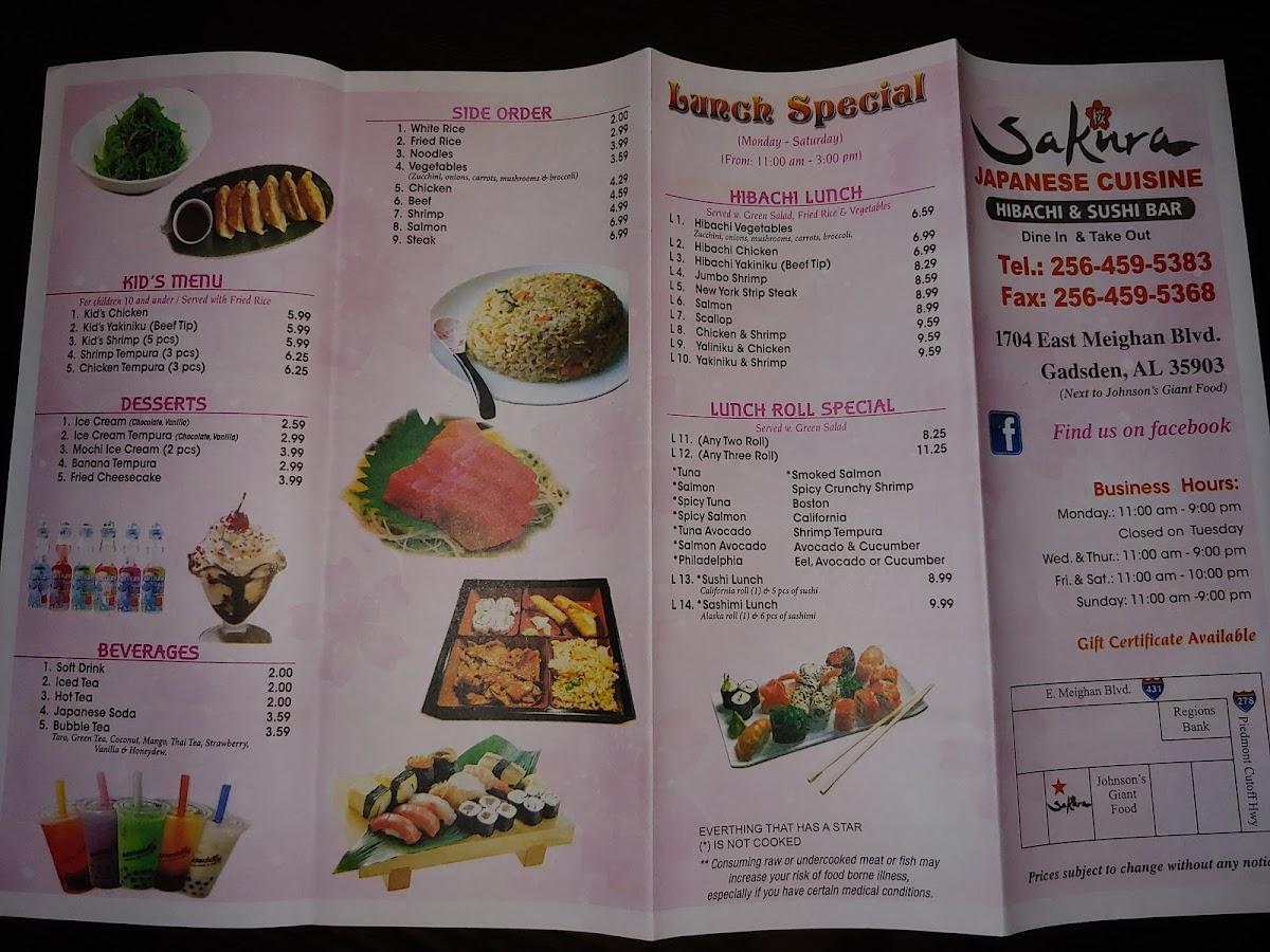 Menu at Sakura Japanese Cuisine Hibachi & Sushibar, Gadsden