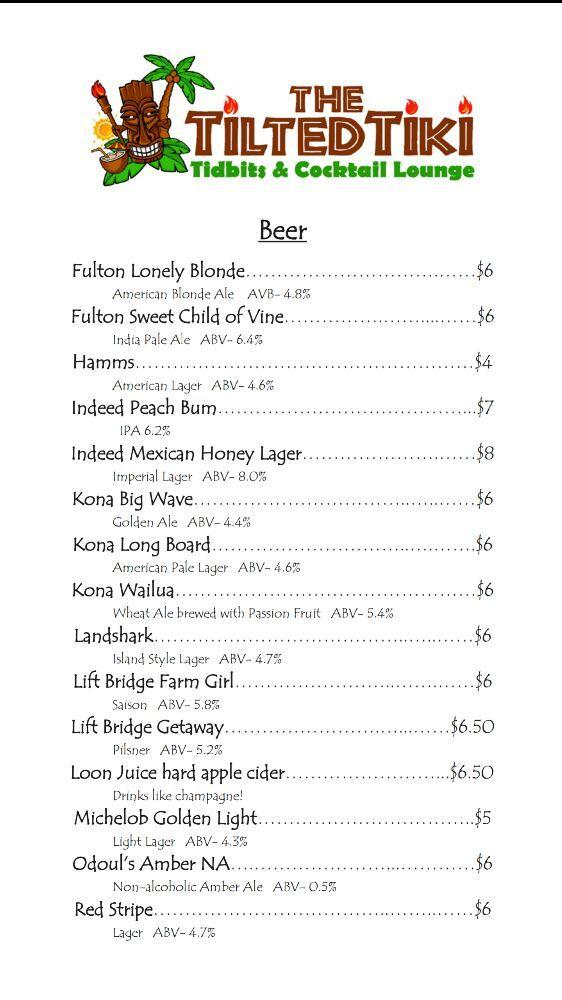 Menu at The Tilted Tiki Tropical Bar & Restaurant, Stillwater