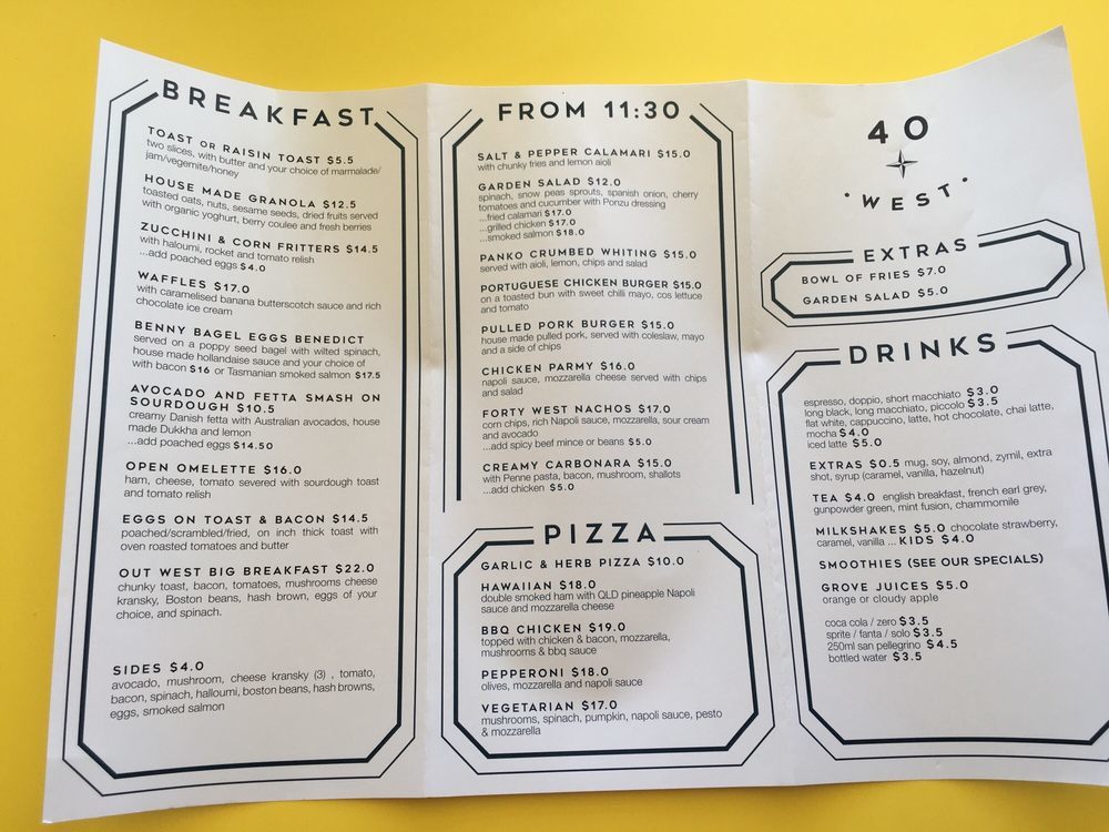 Menu at 40 West Cafe and Bar, South Ripley