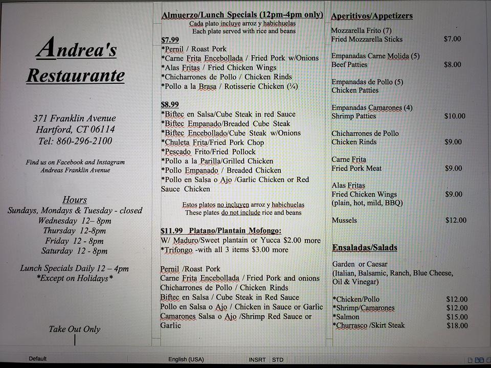 Menu at Andrea's Restaurante, Hartford