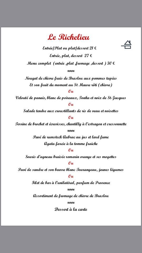 Menu au Auberge Le Cardinal Richelieu restaurant, Richelieu