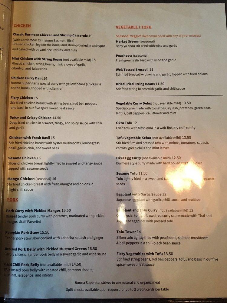 Menu at Burma Superstar restaurant, San Francisco, 309 Clement St