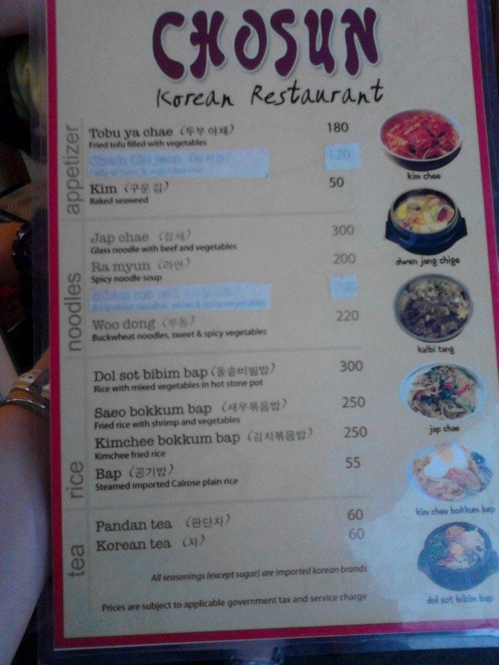 Menu at Chosun Korean Restaurant, Talisay