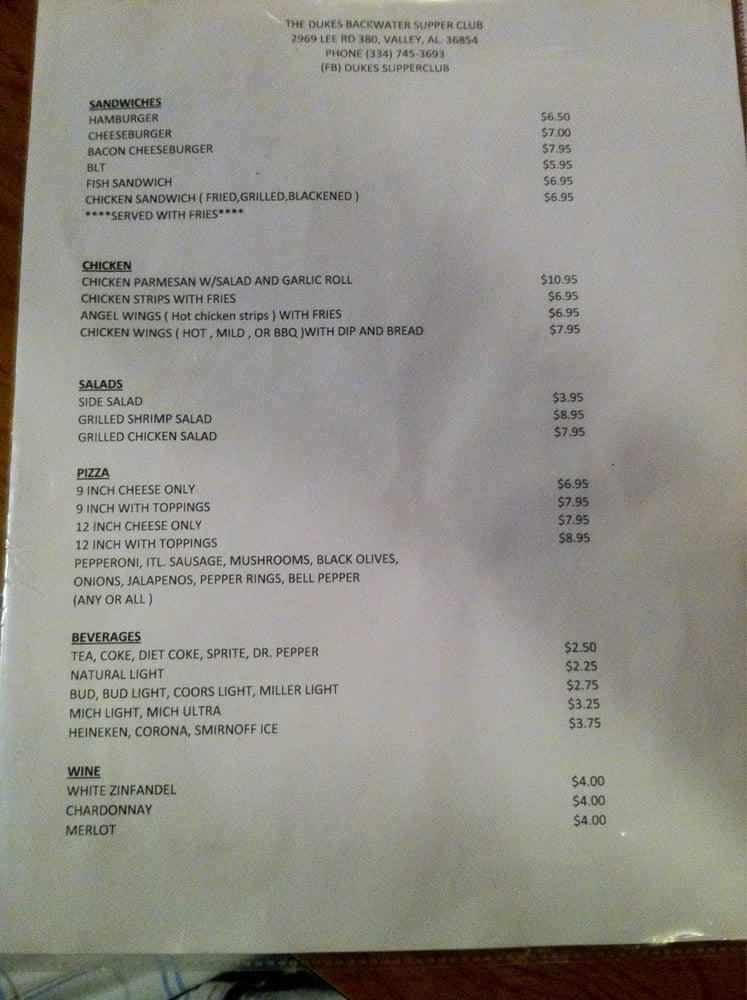 Menu at Dukes Backwater Supper Club, Valley, Lee County 380