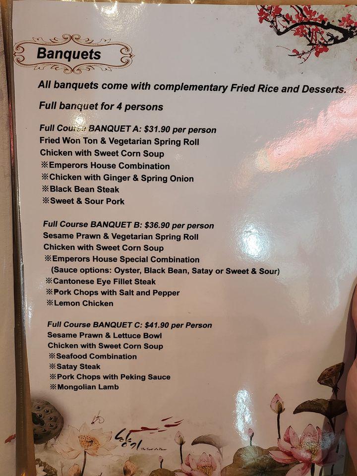 Menu at Emperors House restaurant, Warrnambool