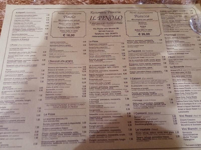 Menu at Ristorante pizzeria “Il Pinolo”, Florence, Via del Ponte alle Mosse